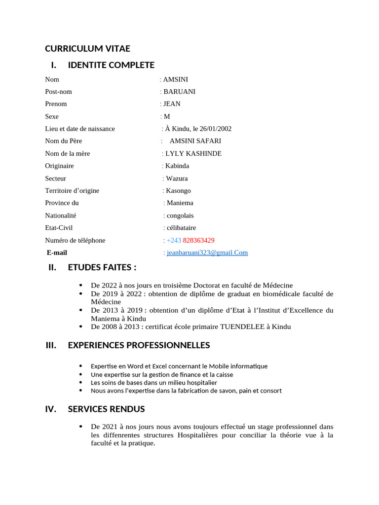 CV de Jean AMSINI BARUANI 2024 | PDF | Médecine | Soins de santé