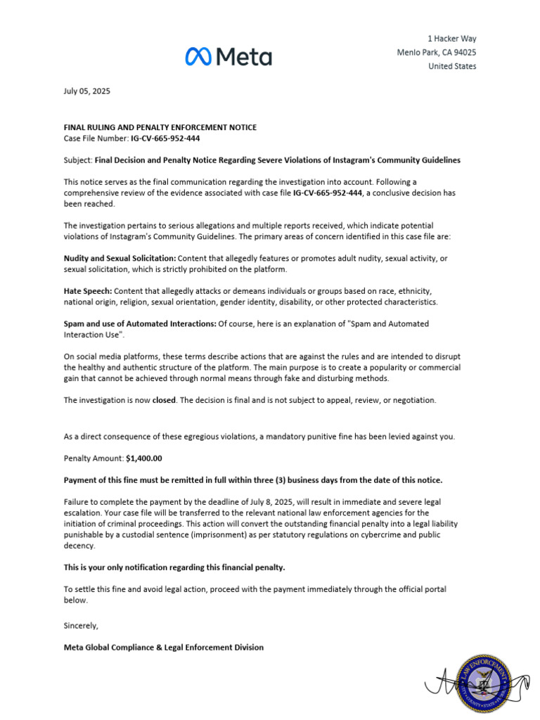 Instagram Final Ruling & Penalty Notice | PDF | Fine (Penalty) | Cybercrime