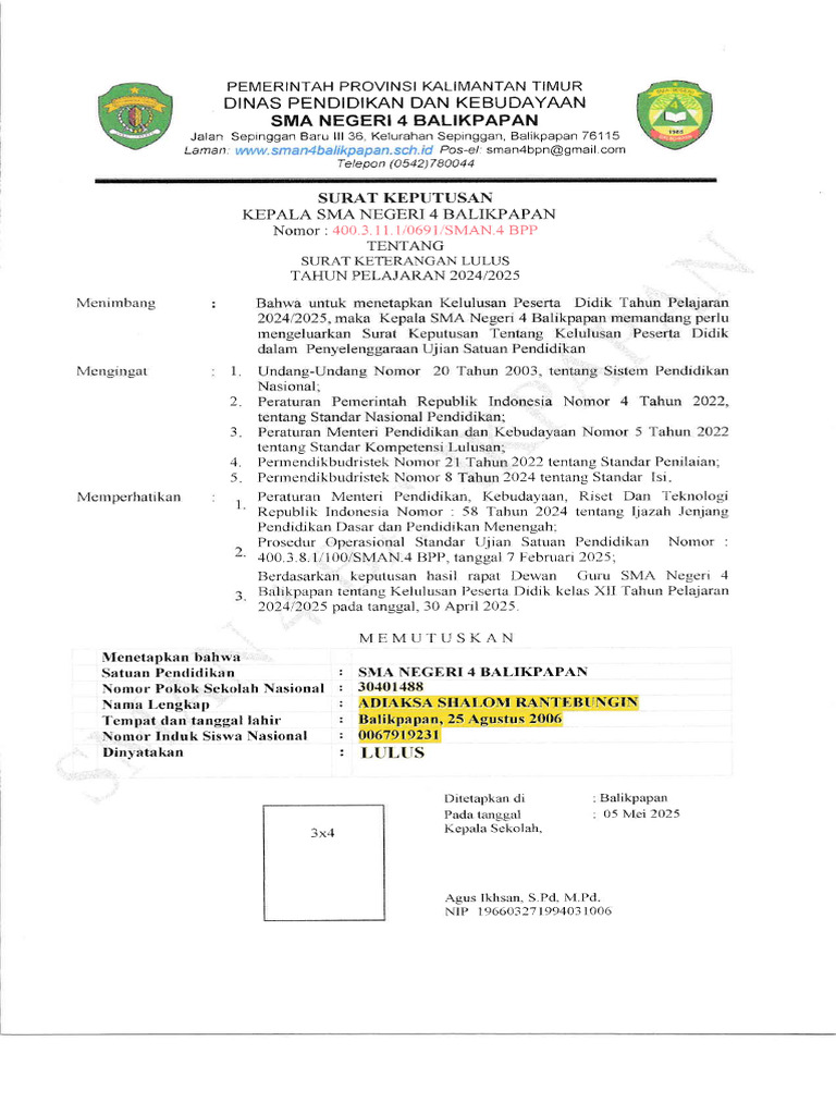 Surat Keputusan Kelulusan SMA 2025 | PDF