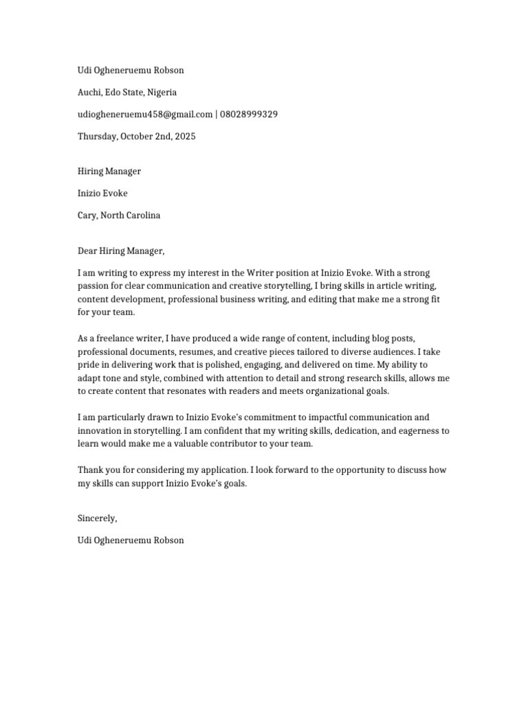 Udi Ogheneruemu Robson Cover Letter | PDF