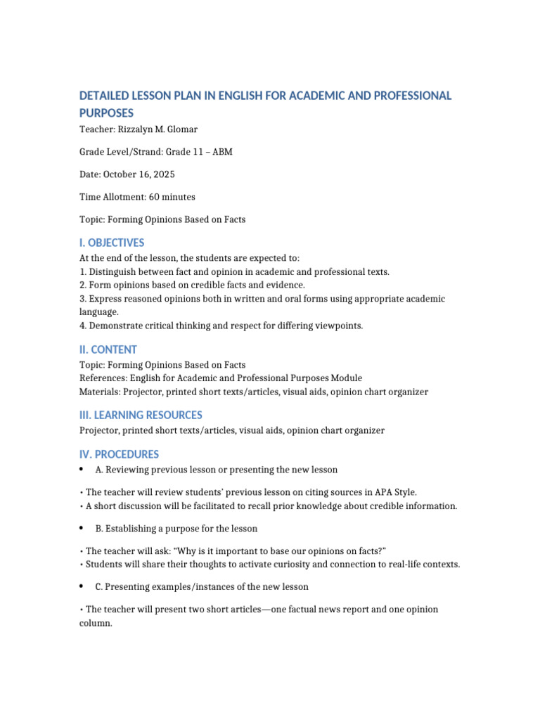 Detailed Lesson Plan EAPP Forming Opinions Based On Facts Rizzalyn ...