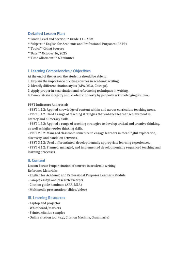 Detailed Lesson Plan EAPP Citing Sources | PDF | Citation | Learning