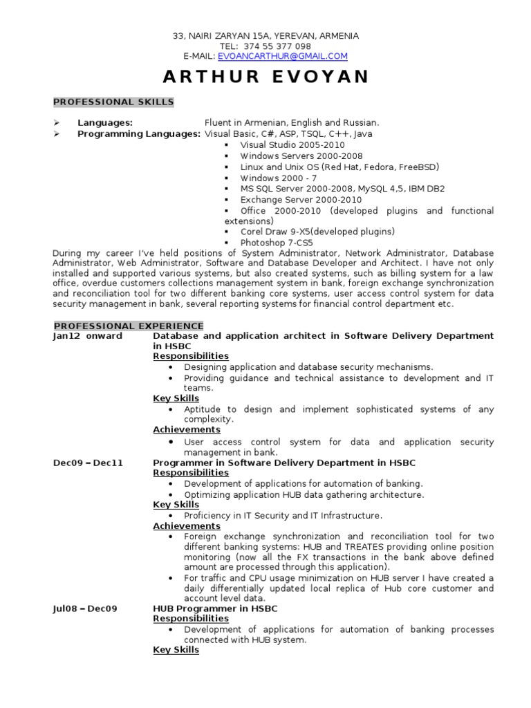 Arthur Evoyan CV | PDF | Ibm Db2 | Databases