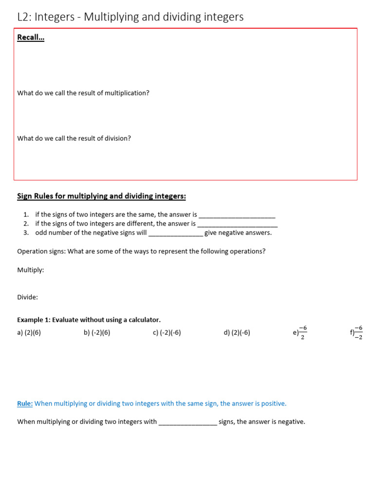 2 Integers - Multiplying and Dividing Integers | PDF