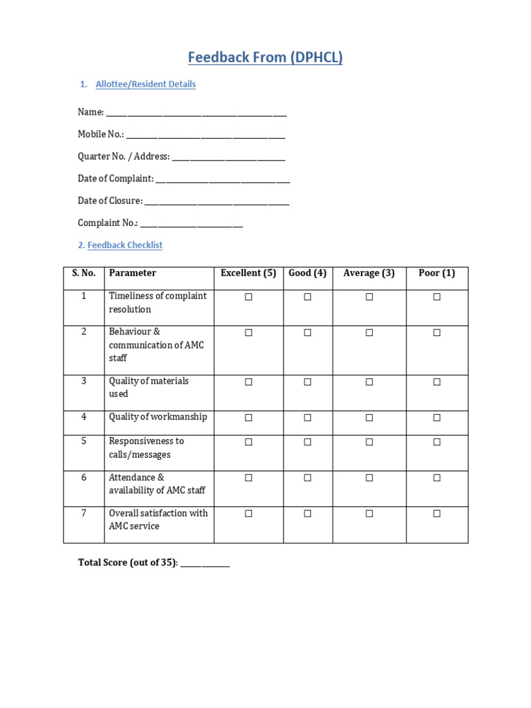 DPHCL AMC Feedback Form | PDF