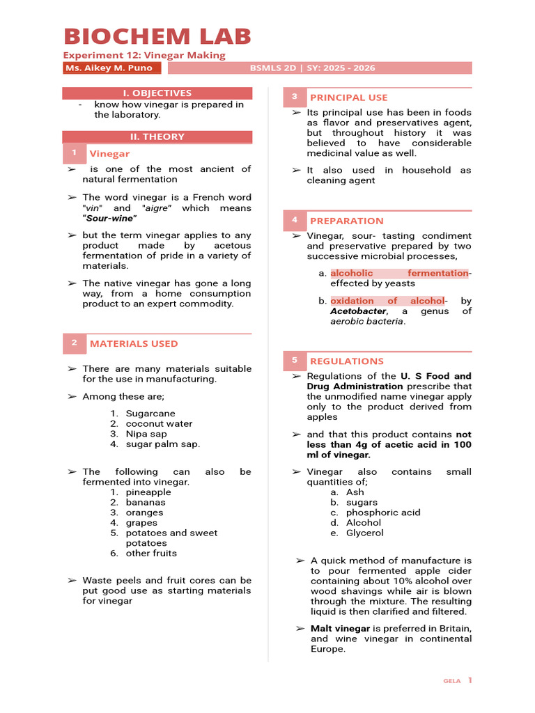 Biochem Lab 12 | PDF | Vinegar | Food And Drink Preparation