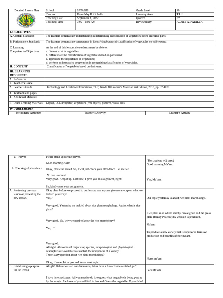 Vegetable Classification Lesson Plan | PDF | Vegetables | Fruit
