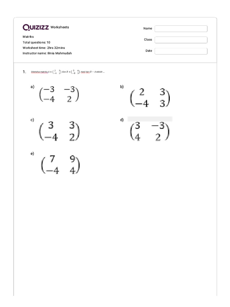 Worksheet Matriks dan Persamaan Linear | PDF