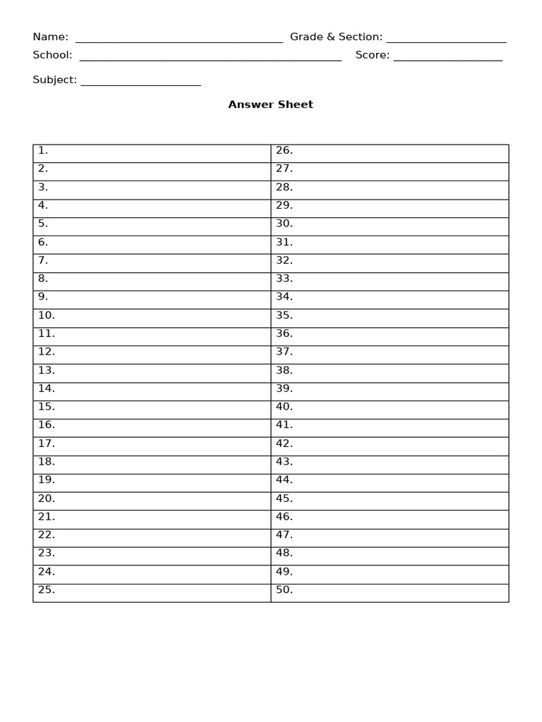 Grade 6 Answer Sheet Template | PDF