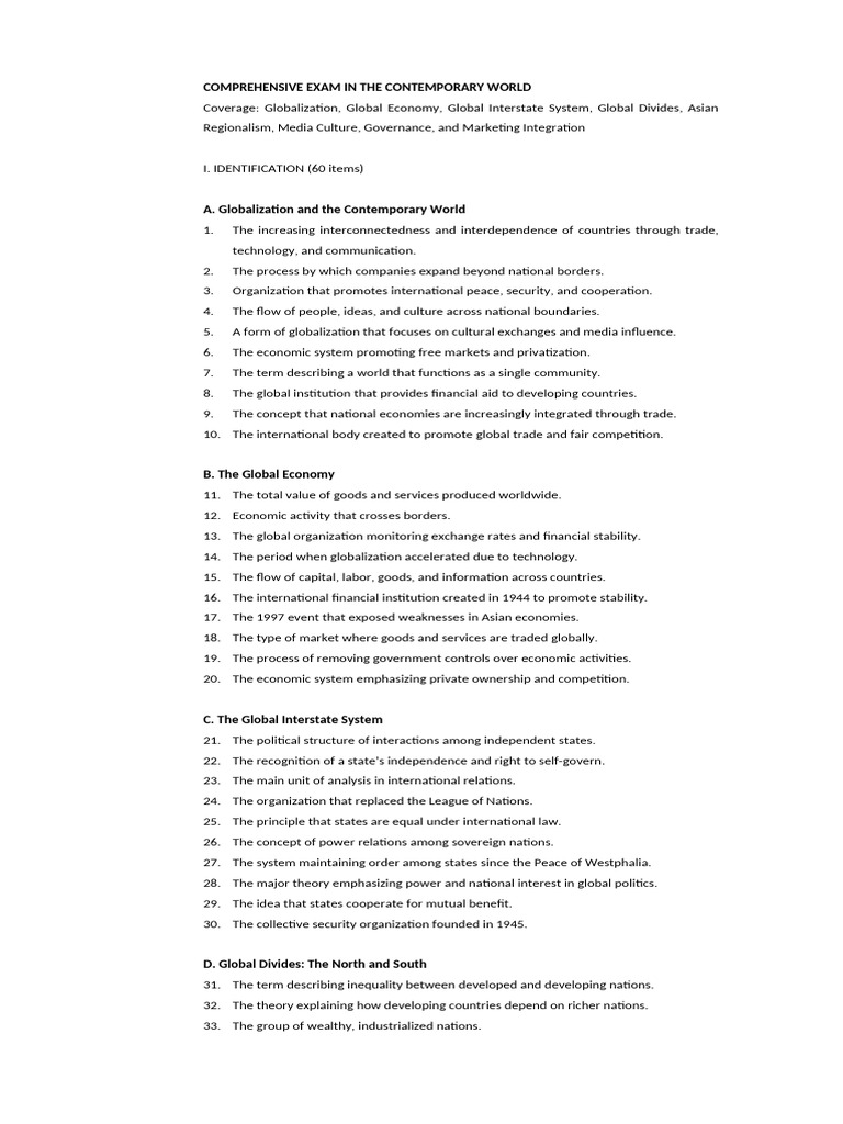 Comprehensive Exam on Globalization Topics | PDF | Globalization | Nation