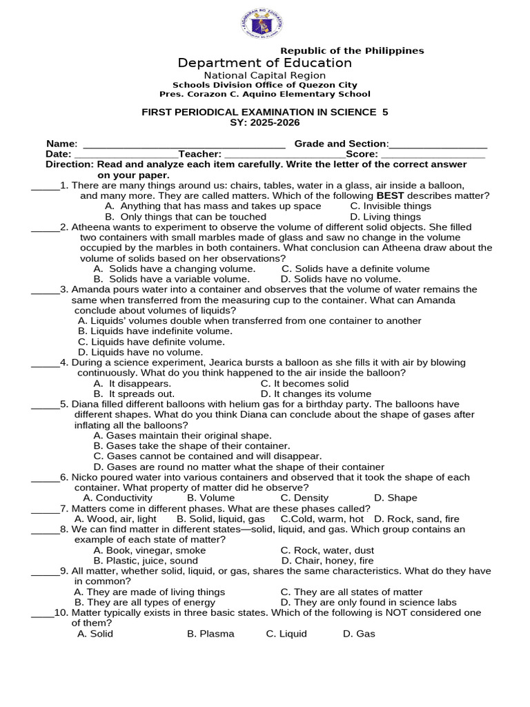 Science Periodical Exam for Grade 5 | PDF | Liquids | Gases