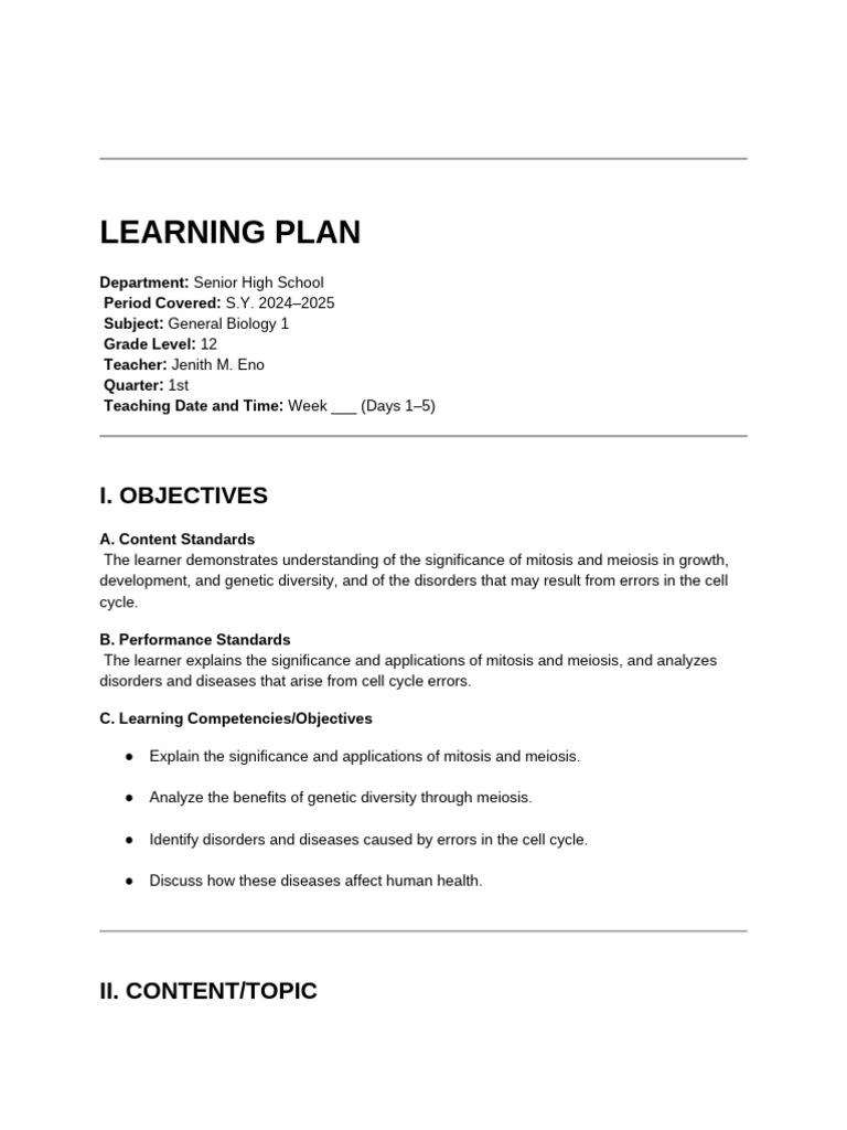 General Biology 1 Learning Plan: Mitosis & Meiosis | PDF | Meiosis ...