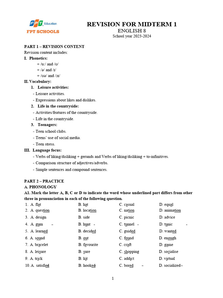 Grade 8 English Midterm Revision Guide | PDF | Linguistics