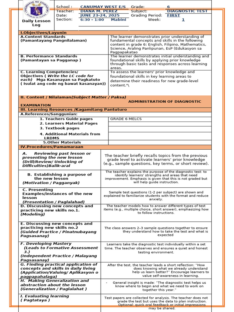 Diagnostic Test Dll 2025 | PDF | Cognition | Learning