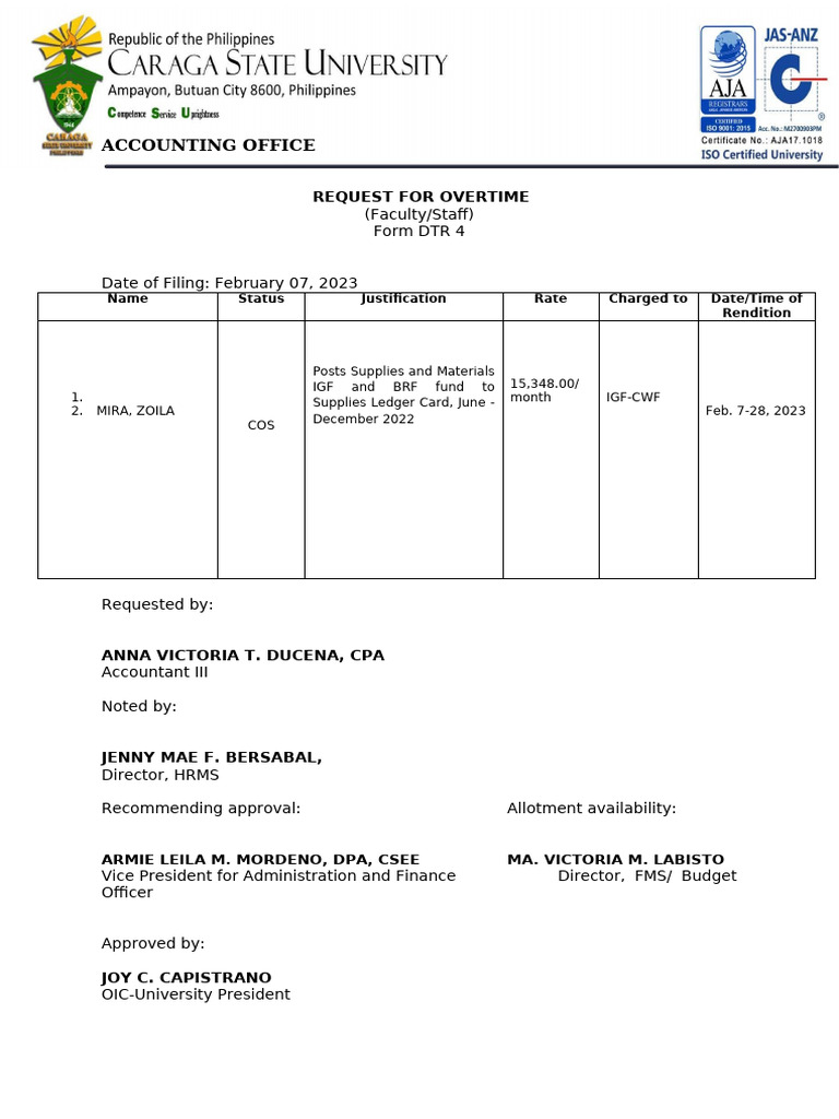 Overtime Request Form DTR 4 Overview | PDF | Business