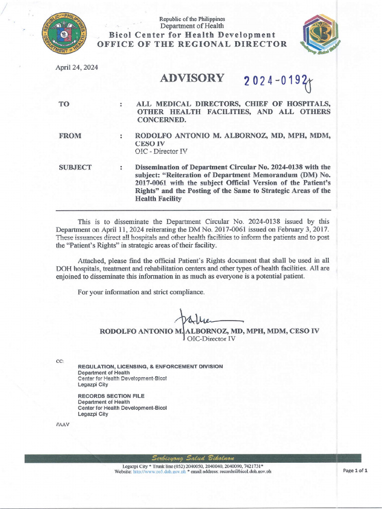 Advisory 2024 - 0192 - Official Version of The Patient's Rights | PDF