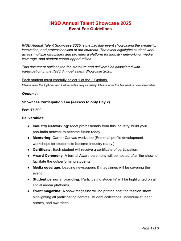 INSD Annual Talent Showcase 2025 - Event Fee Guidelines | PDF