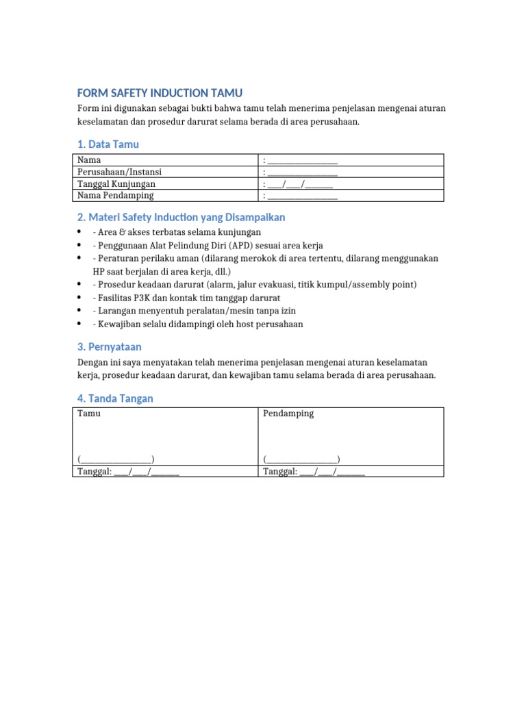 Form Safety Induction Tamu | PDF