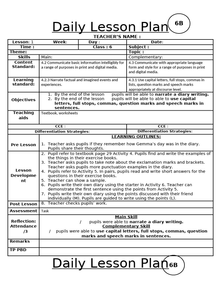 Daily Lesson Plan Y6 | PDF | Teachers | Lesson Plan