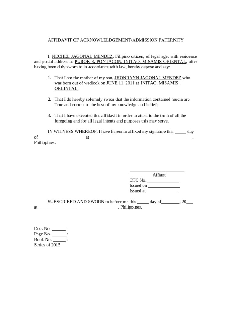 Affidavit of Paternity Acknowledgment | PDF