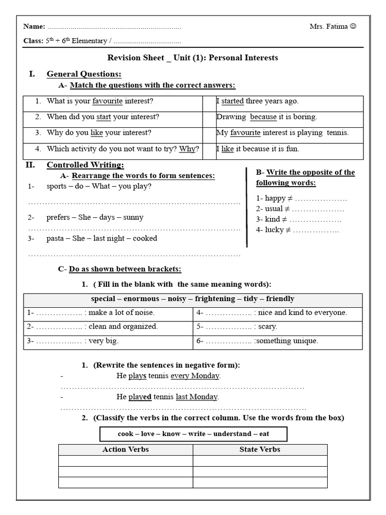Top Goal 2 - Unit 1 Personal Interests - Worksheet | PDF | Linguistics