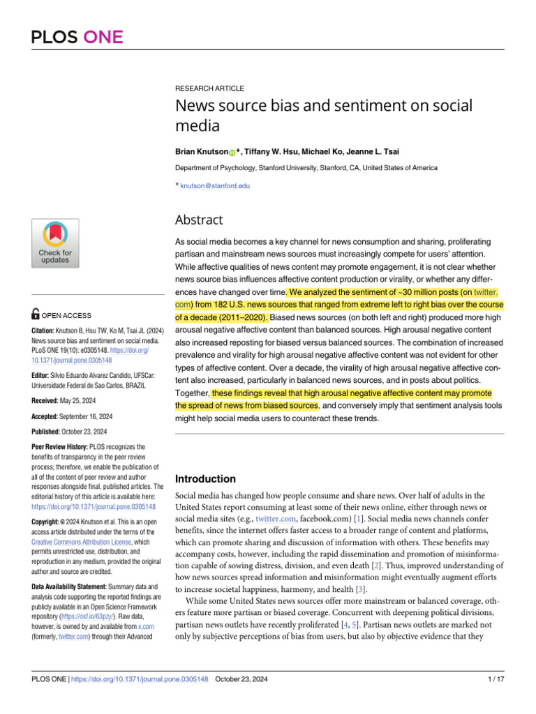 News Source Bias and Sentiment On Social Media 2024 LIDO | PDF | Affect ...