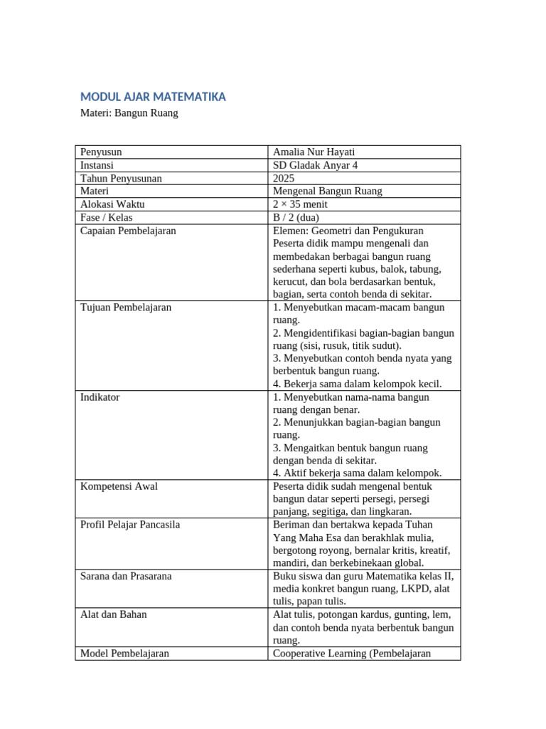 Modul Ajar Bangun Ruang Kelas II | PDF