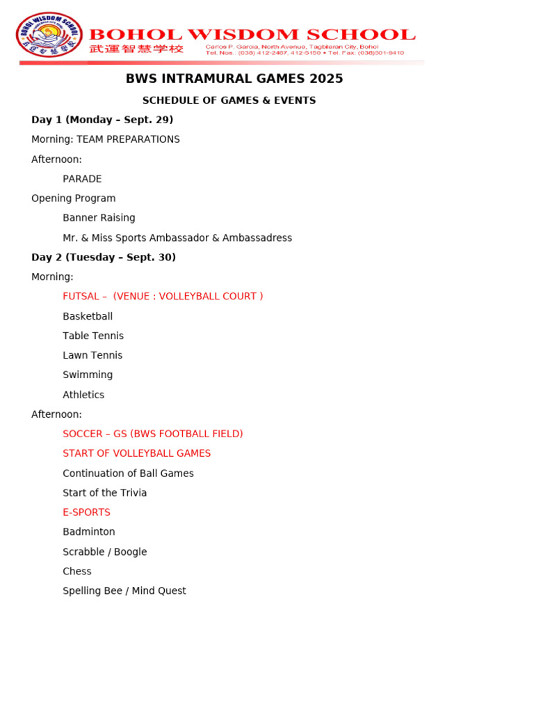 Intramural Games 2025 Schedule of Events | PDF