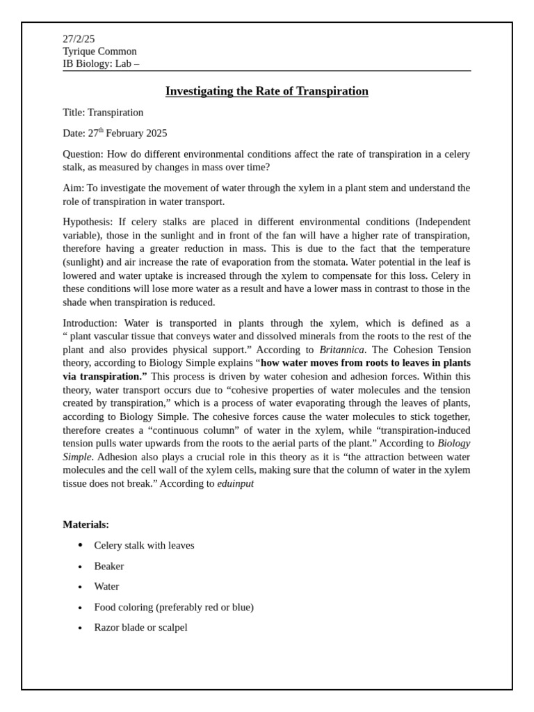 Ib Biology Lab n4 Transpiration Final | PDF | Plant Stem | Stoma