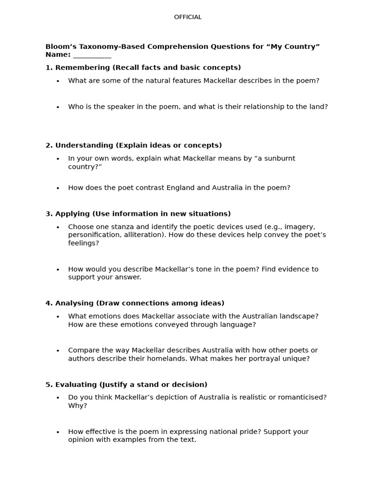 Blooms Taxonomy Student Comprehension Questions - My Country | PDF