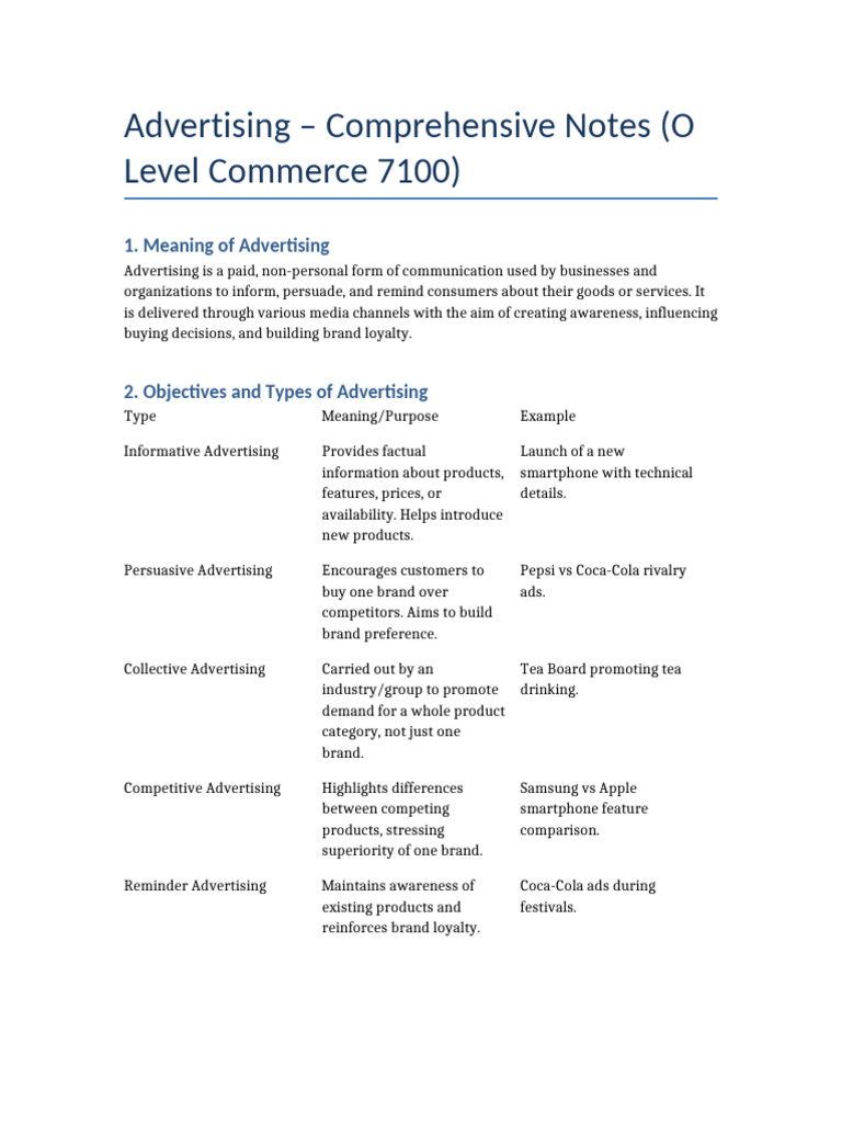 O Level Commerce Advertising Notes | PDF | Advertising | Online Advertising