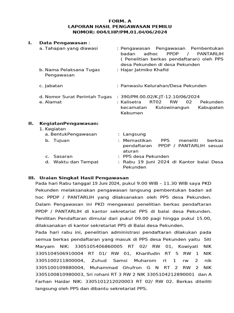FORM A04 Pengawasan Pembentukan PPDP PANTARLIH PENELITIAN Berkas ...