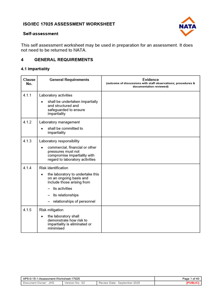 ISO IEC 17025 Assessment Worksheet | PDF | Calibration | Verification ...