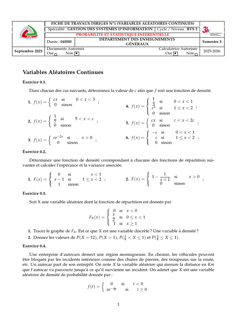 TD Variables Aléatoires Continues | PDF | Variable aléatoire à densité ...