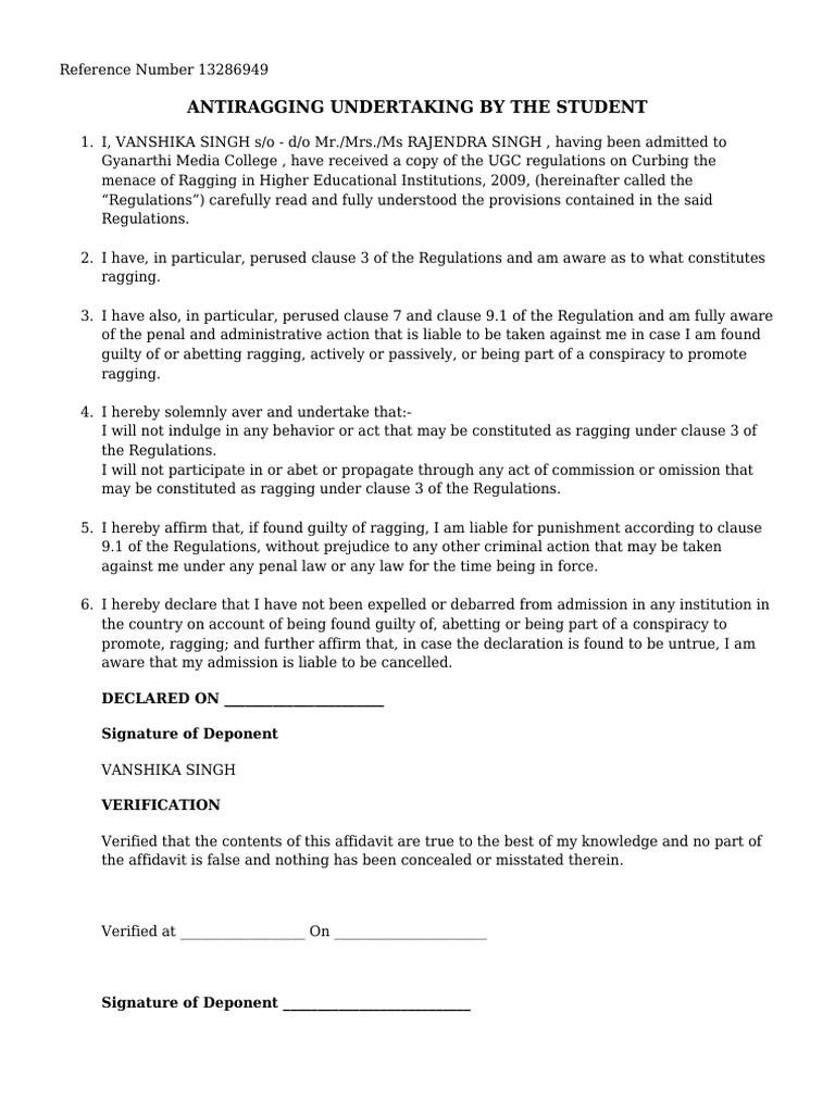 Anti Ragging Affidavit Form | PDF | Affidavit