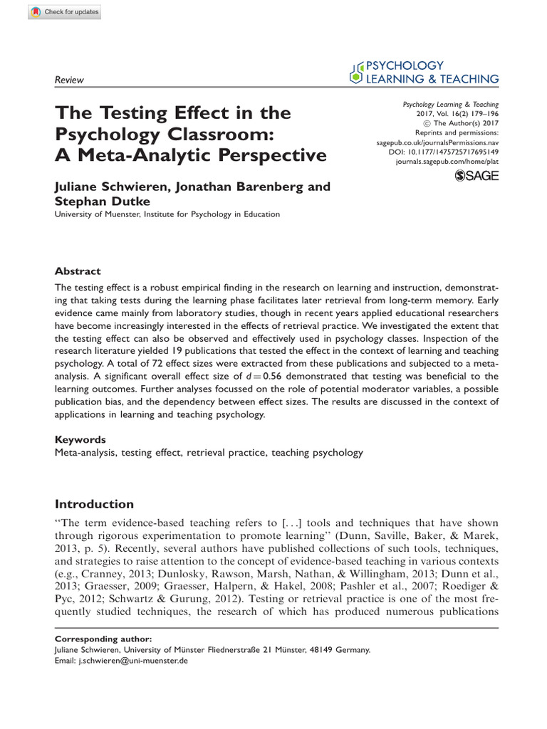 Schwieren Et Al 2017 The Testing Effect in The Psychology Classroom A ...