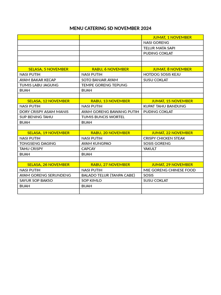 Menu Catering SD November 2024 | PDF