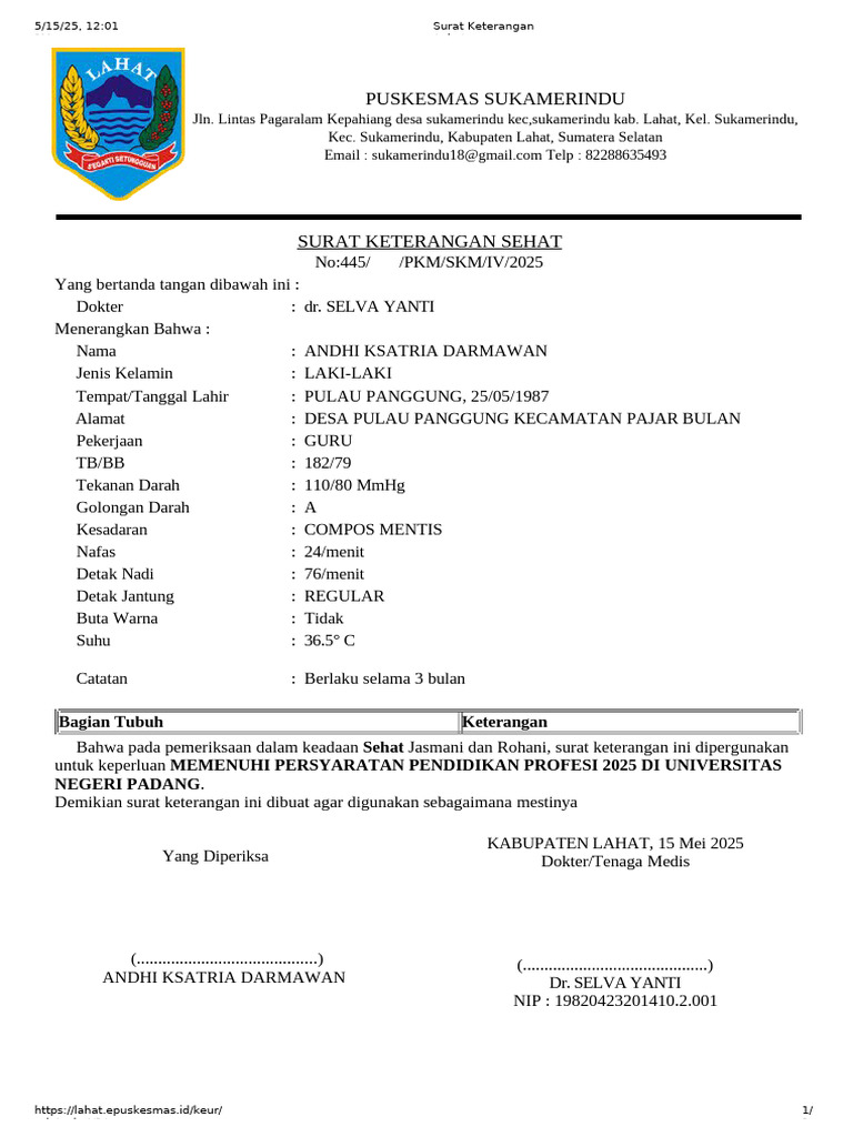 Surat Keterangan Sehat Andhi Darmawan | PDF