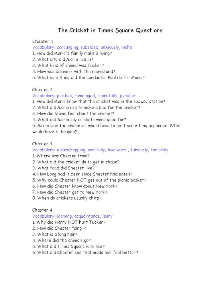 The Cricket in Times Square Questions | PDF | Organisms | Nature