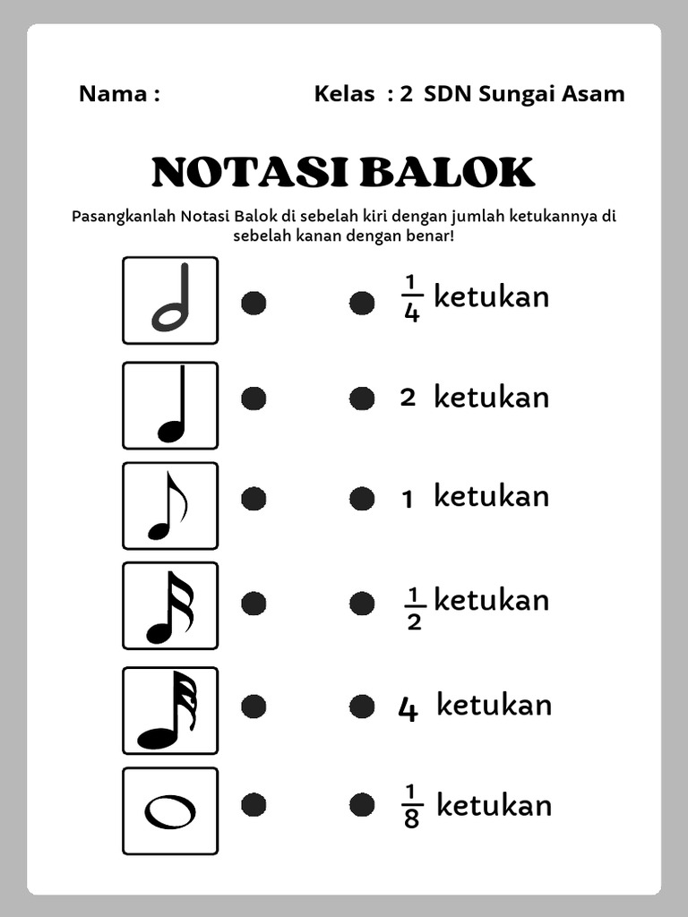Lembar Kerja Notasi Balok Ilustrasi Hitam Putih | PDF