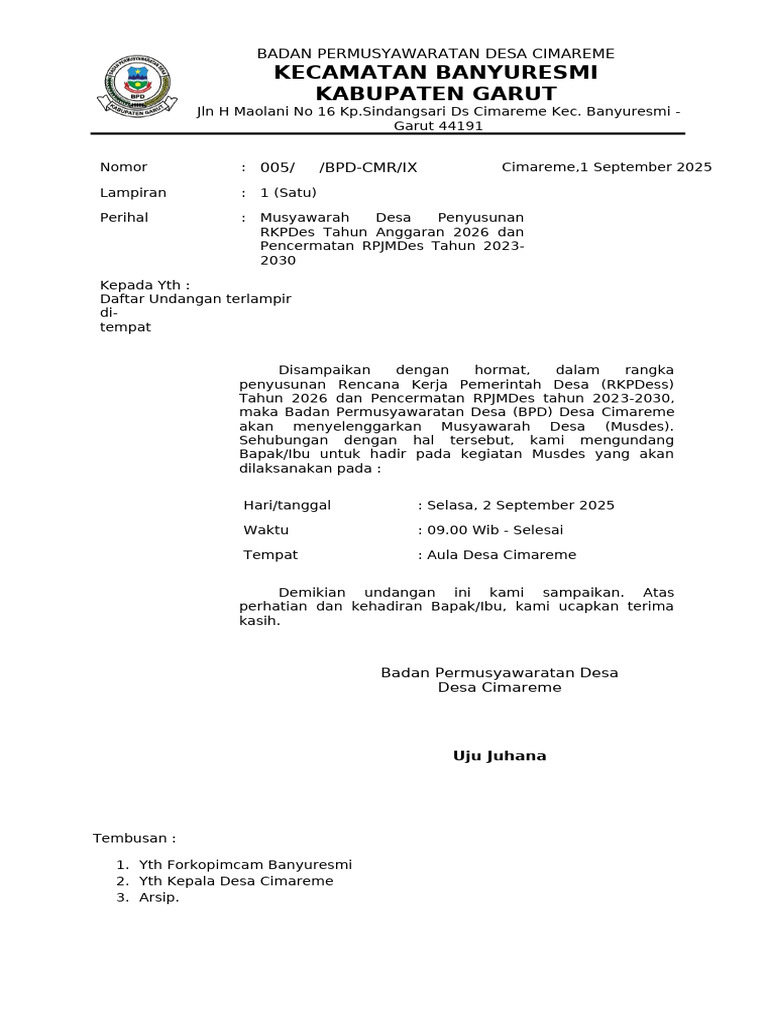 Surat Undangan Musdes Rkpdes 2026 BPD | PDF