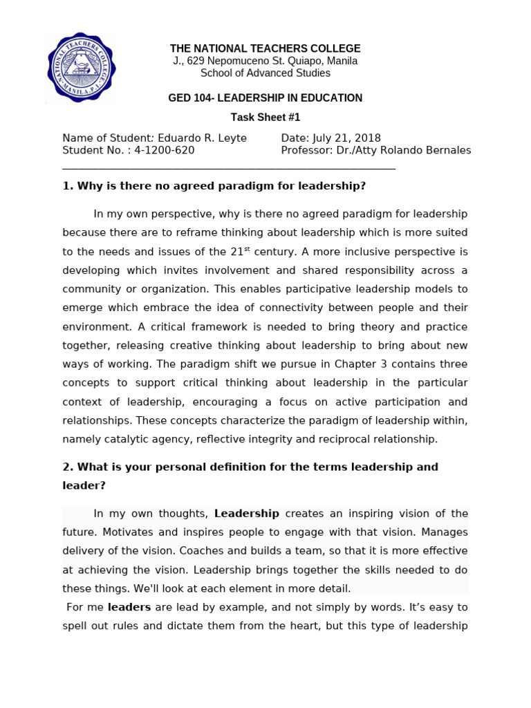 Task Sheet Leadership | PDF | Leadership | Teachers
