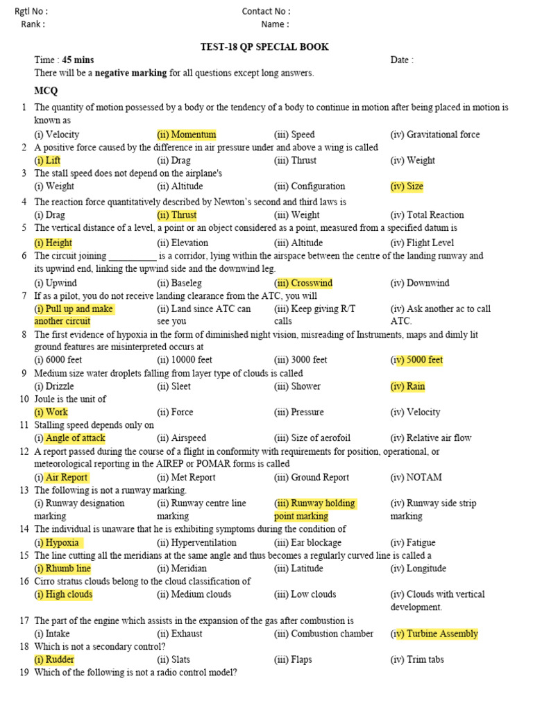 Aviation Knowledge Test Questions | PDF | Force | Atmosphere Of Earth