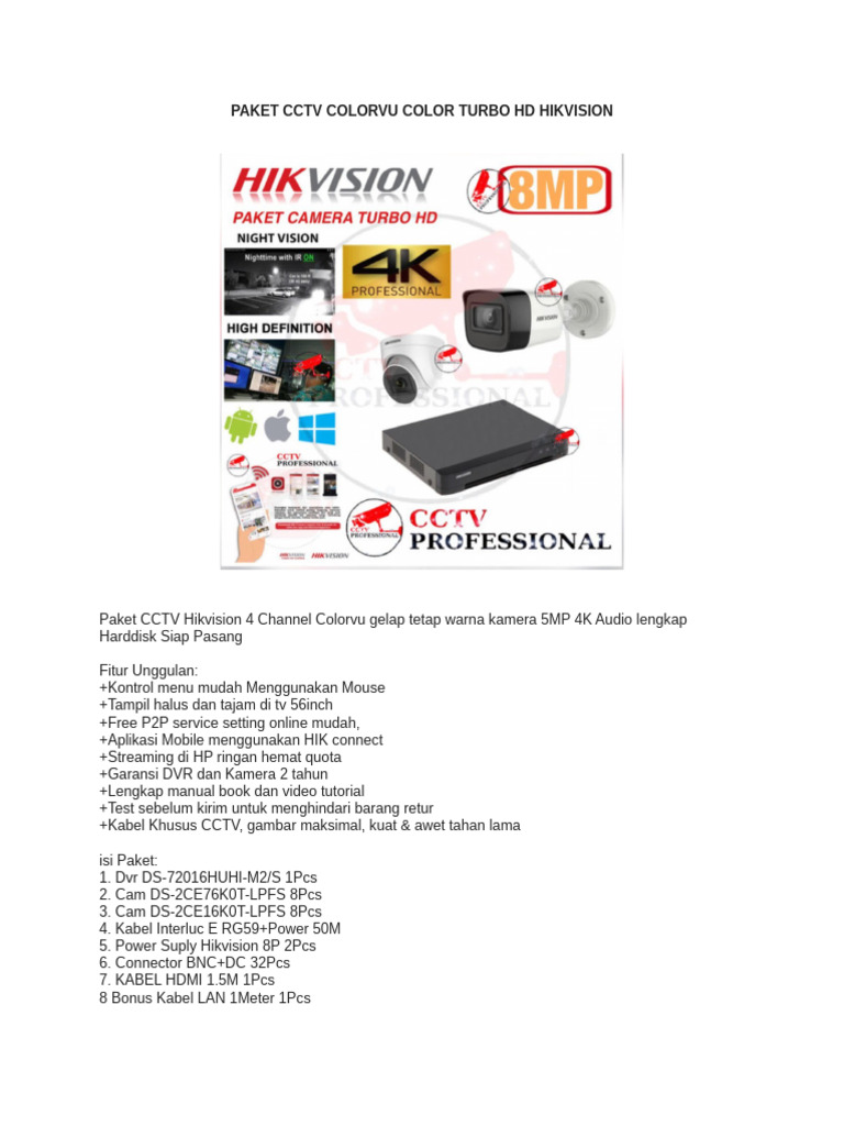 Paket CCTV Hikvision Colorvu 4 Channel | PDF