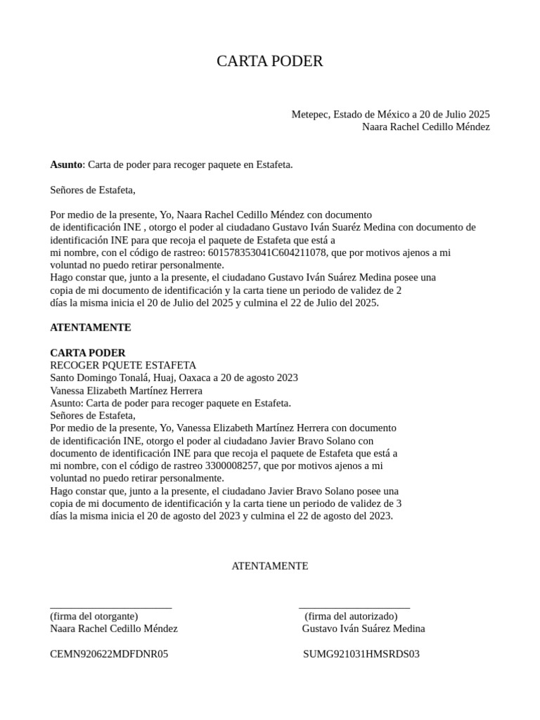 Carta Poder para Recoger Paquete Estafeta | PDF