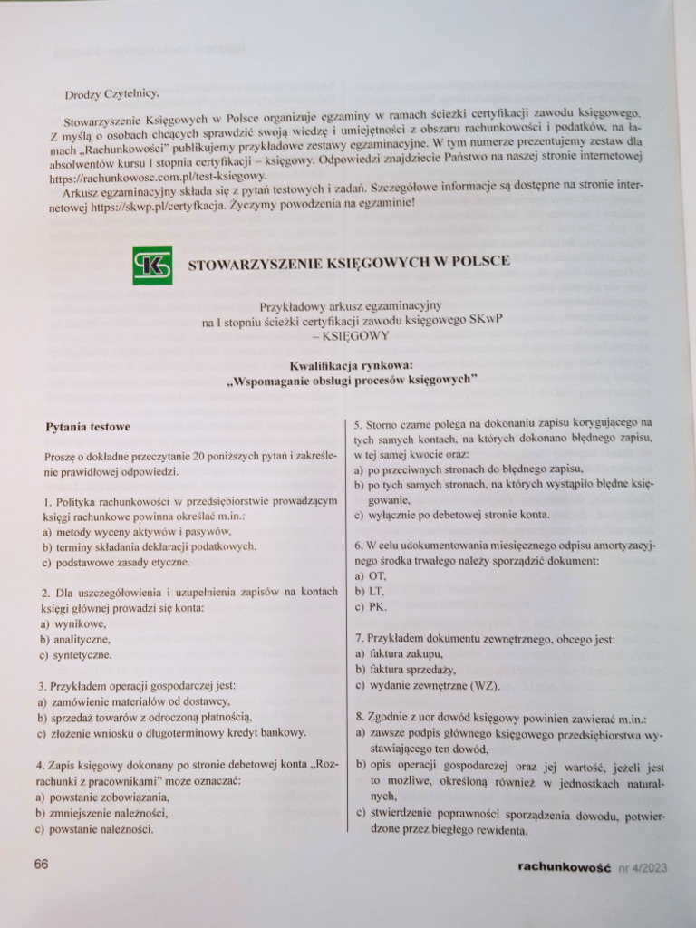 Przykładowy Arkusz Egzaminacyjny - 1 Stopień SKWP | PDF