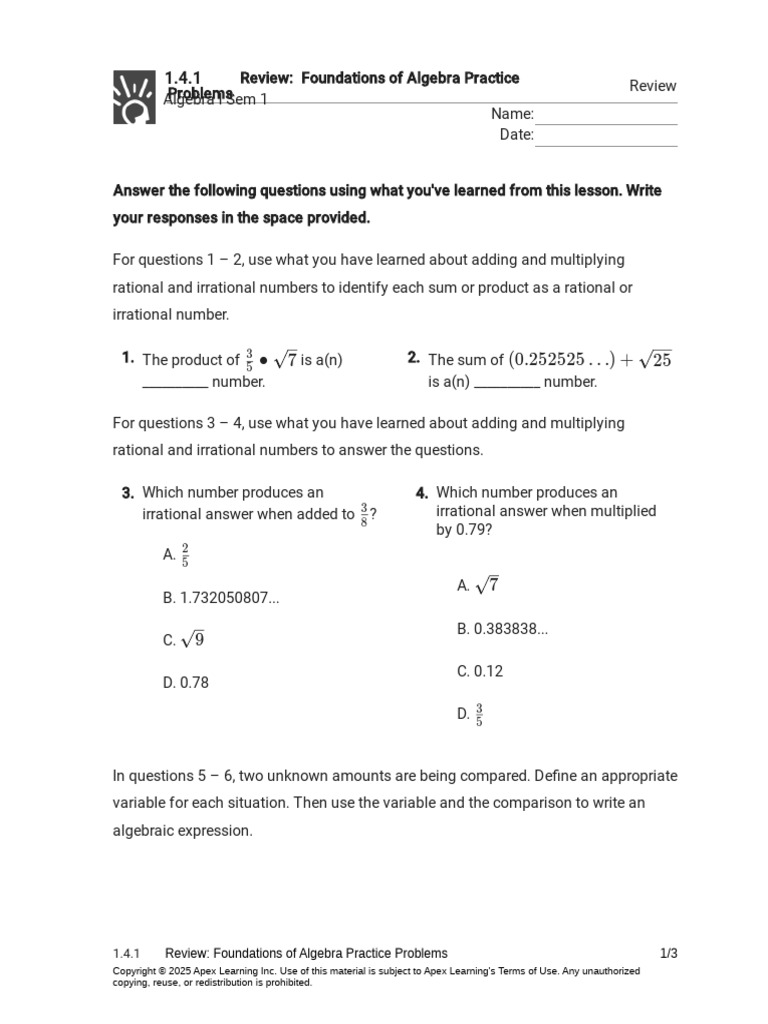 1.4.1 Review - Foundations of Algebra Practice Problems (Review) | PDF ...