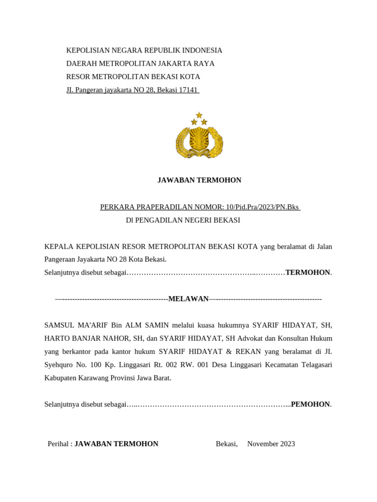 Jawaban Praperadilan Bekasi 2023 | PDF