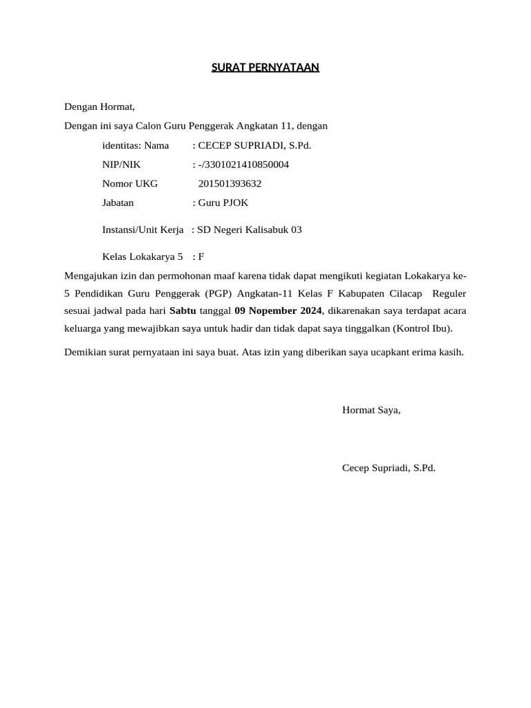 SURAT Izin Tidak Mengikuti Lokakarya PGP 5 Cecep Supriadi | PDF