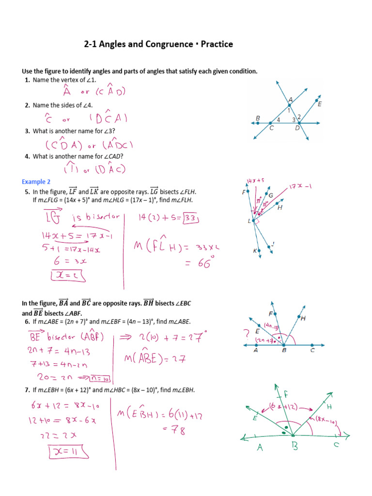 2-1 Angles and Congruence Practice | PDF | Angle | Geometry